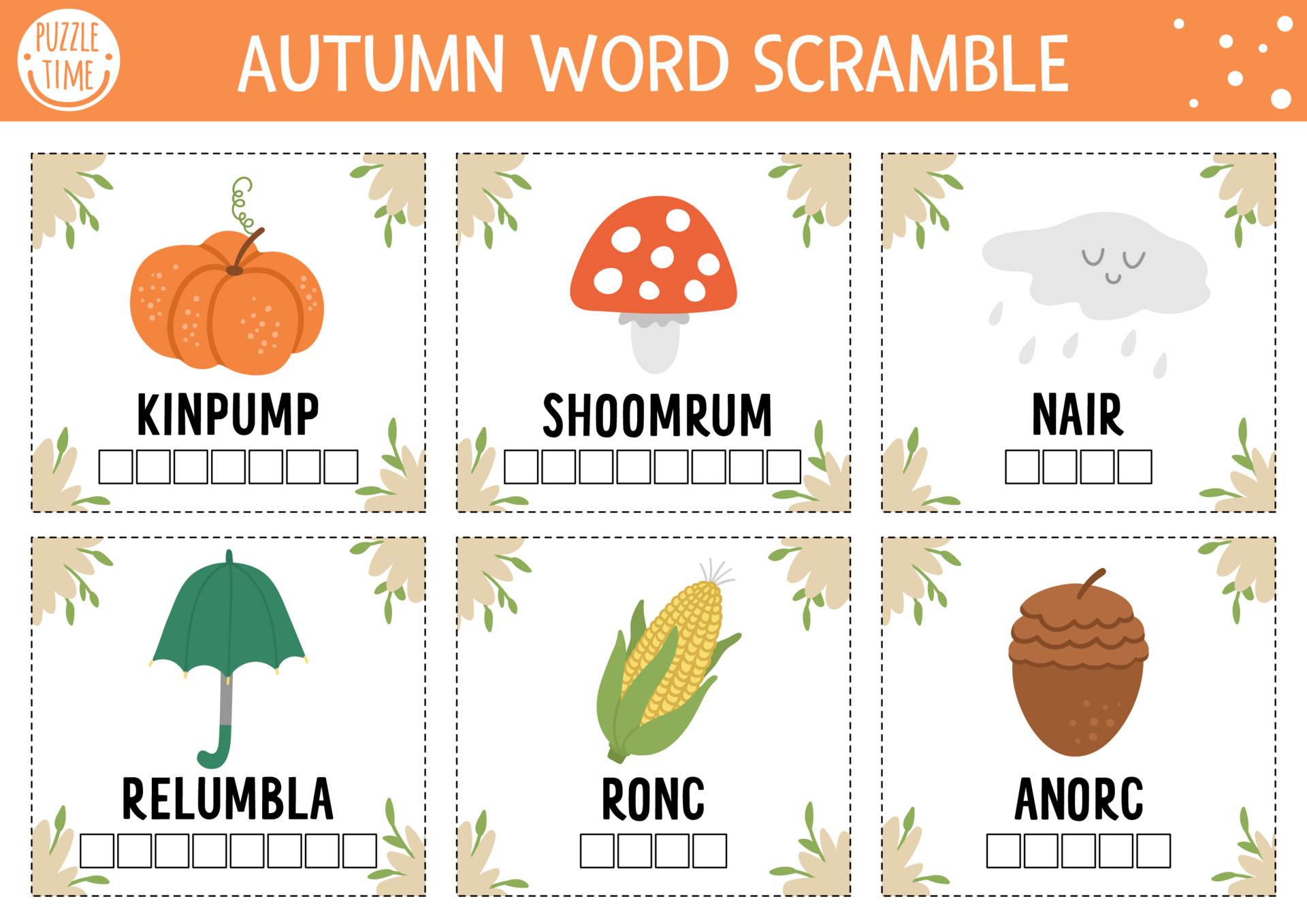 Vector Autumn word scramble activity cards. English language game with ...