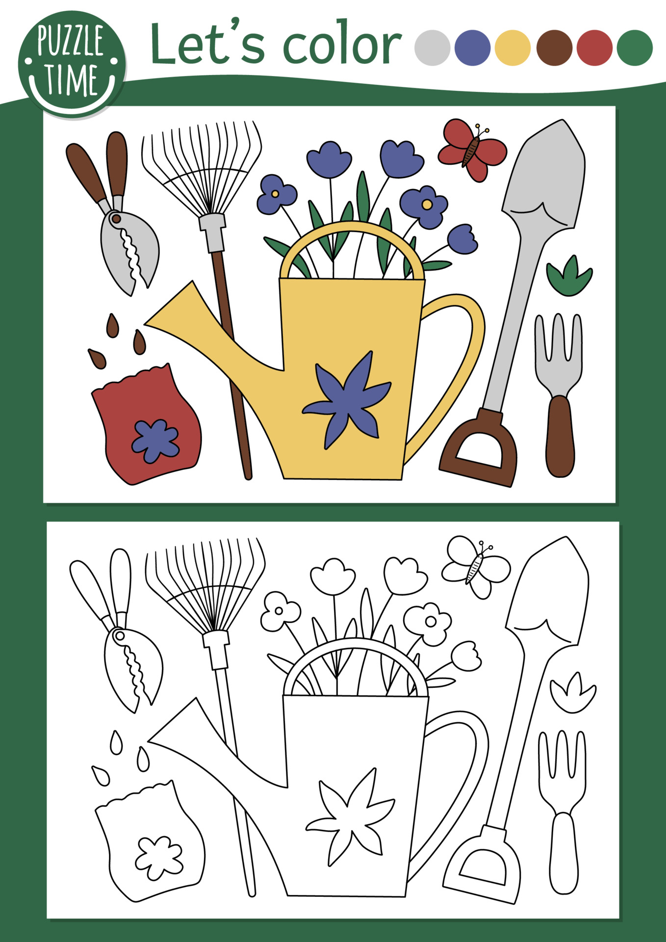 Garden coloring page for children with watering can and gardening tools ...