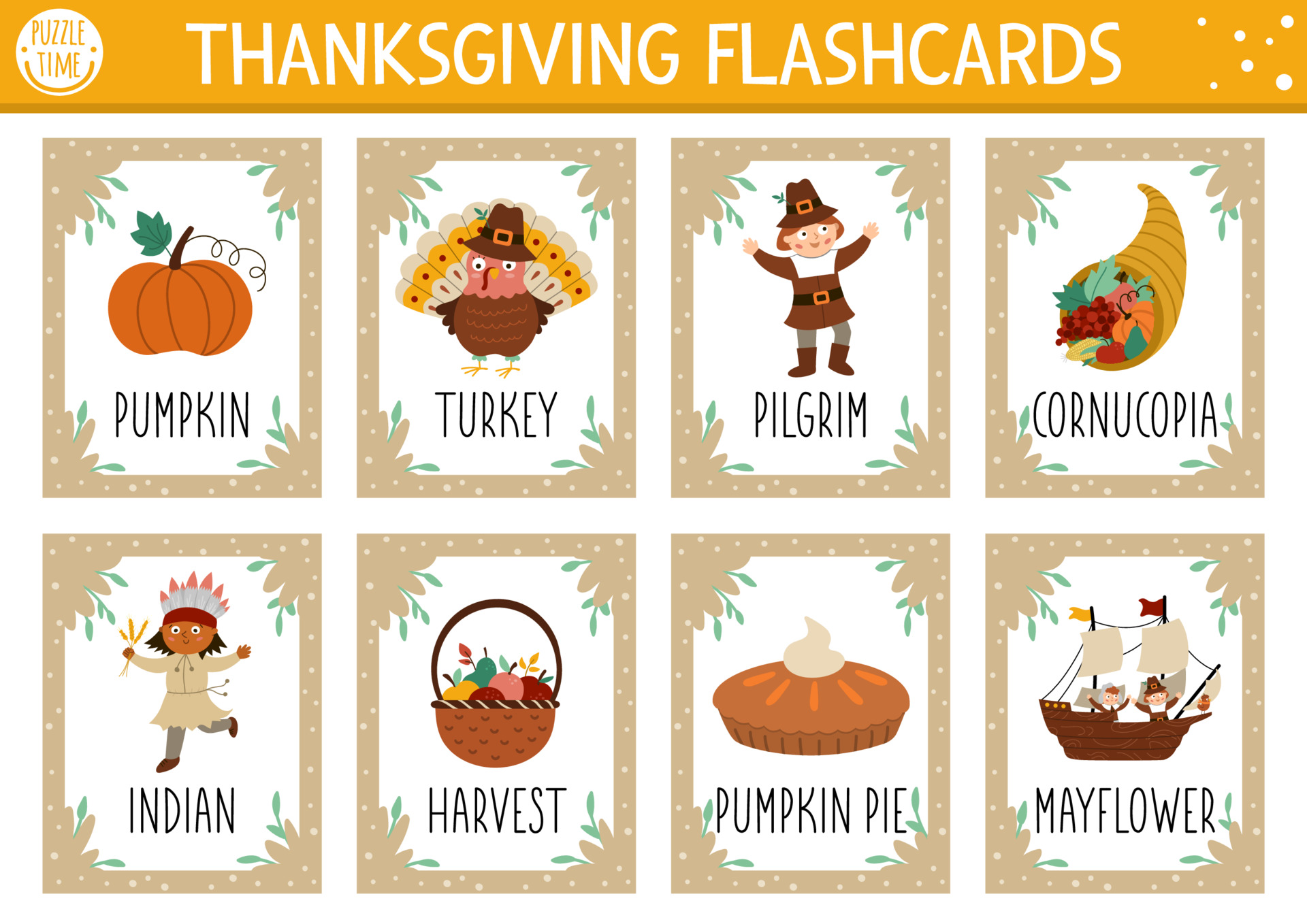 Vector Thanksgiving flash cards set. English language game with cute ...