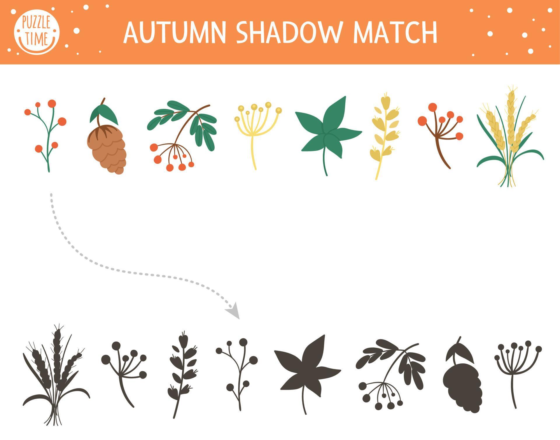 Autumn shadow matching activity for children. Fall season puzzle with ...