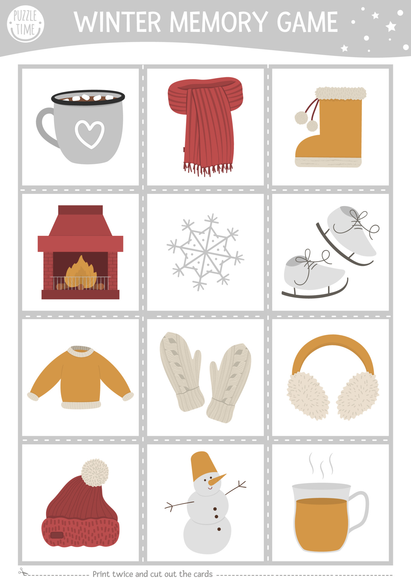 Winter memory game cards with cute season objects. Matching activity ...