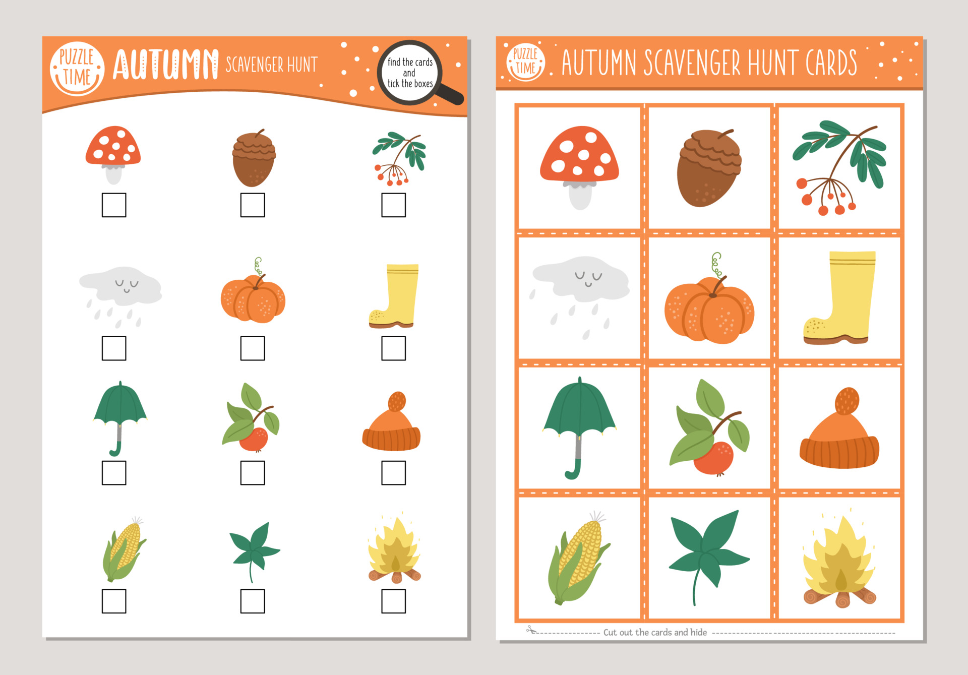 Vector Autumn scavenger hunt cards set. Seek and find game with cute ... Vector Autumn scavenger hunt cards set. Seek and find game with cute ...