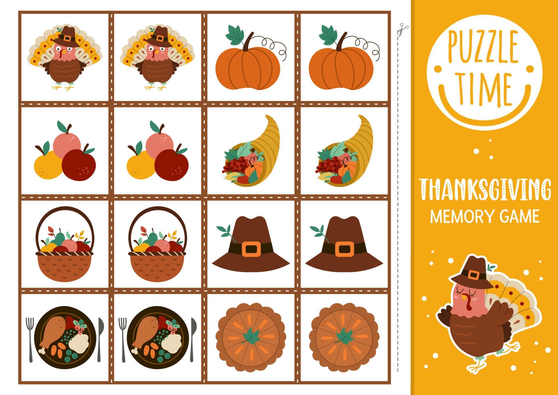 Vector Thanksgiving memory game cards with cute traditional holiday ...