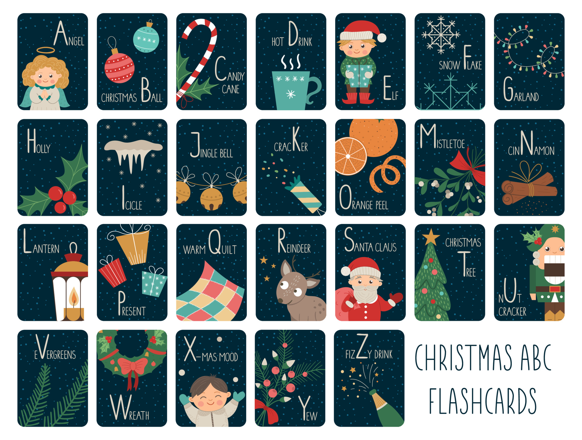 Christmas alphabet cards for children. Cute cartoon ABC set with Santa ...