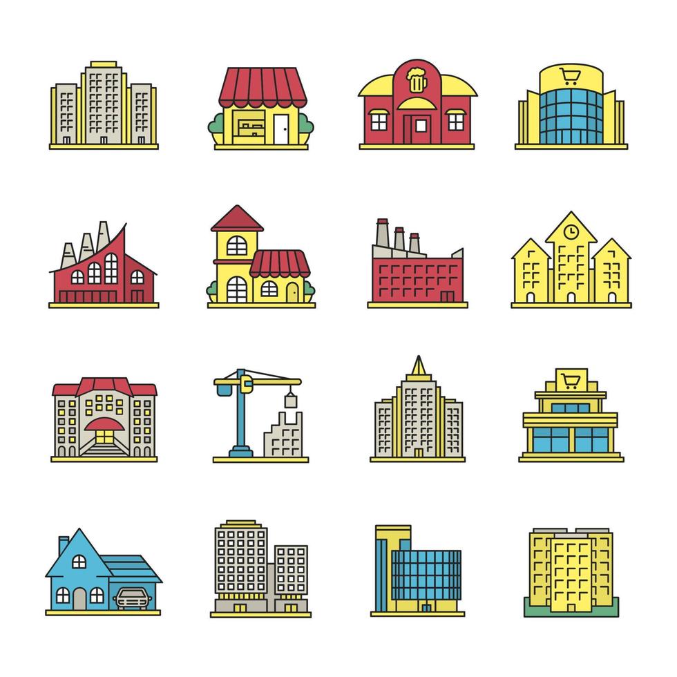 City buildings color icons set. Town architecture. Isolated vector ...