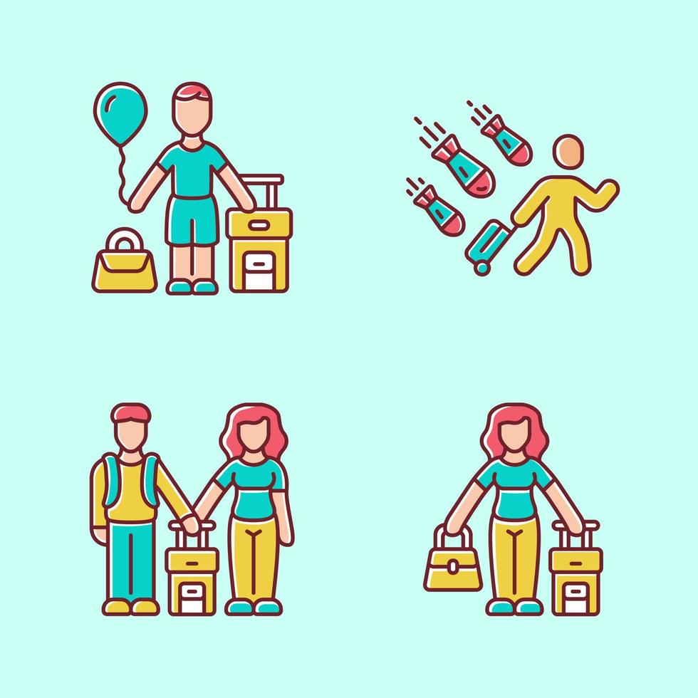 Refugiados Conjunto De Iconos De Color Azul Pareja Niño Viaja Al