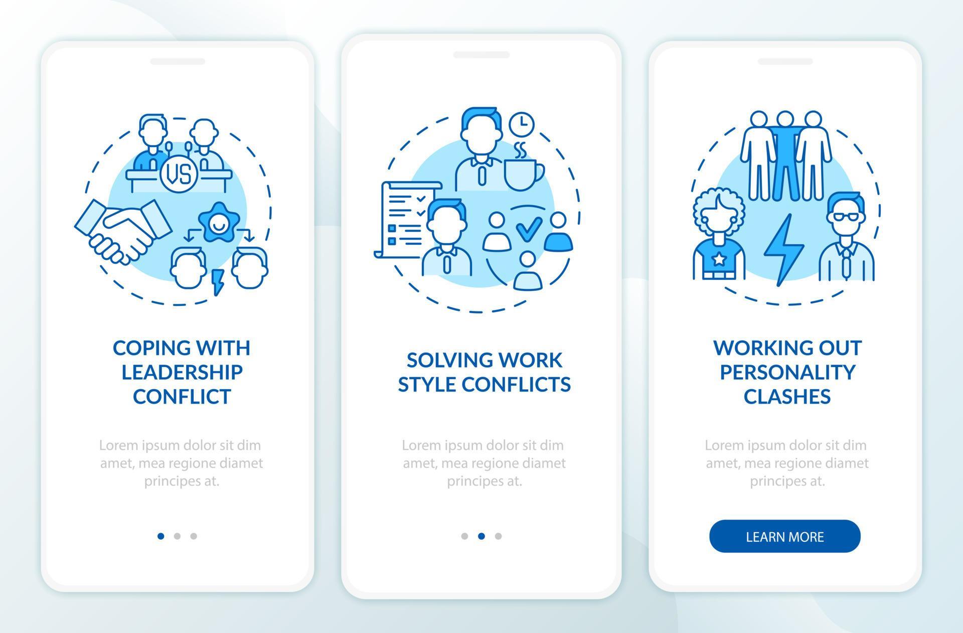 Dealing With Team Conflicts Blue Onboarding Mobile App Page Screen 3769724 Vector Art At Vecteezy