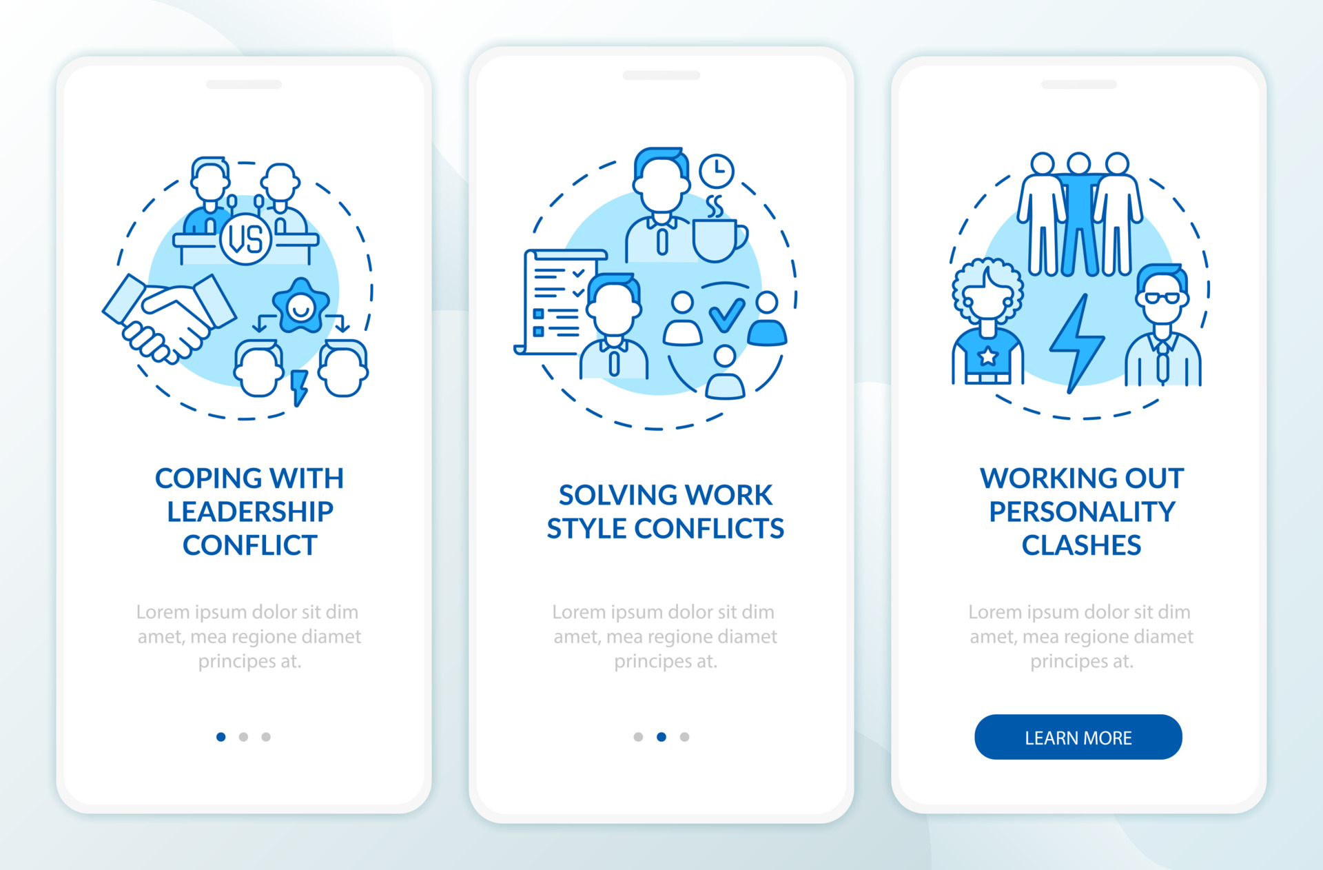 Dealing With Team Conflicts Blue Onboarding Mobile App Page Screen