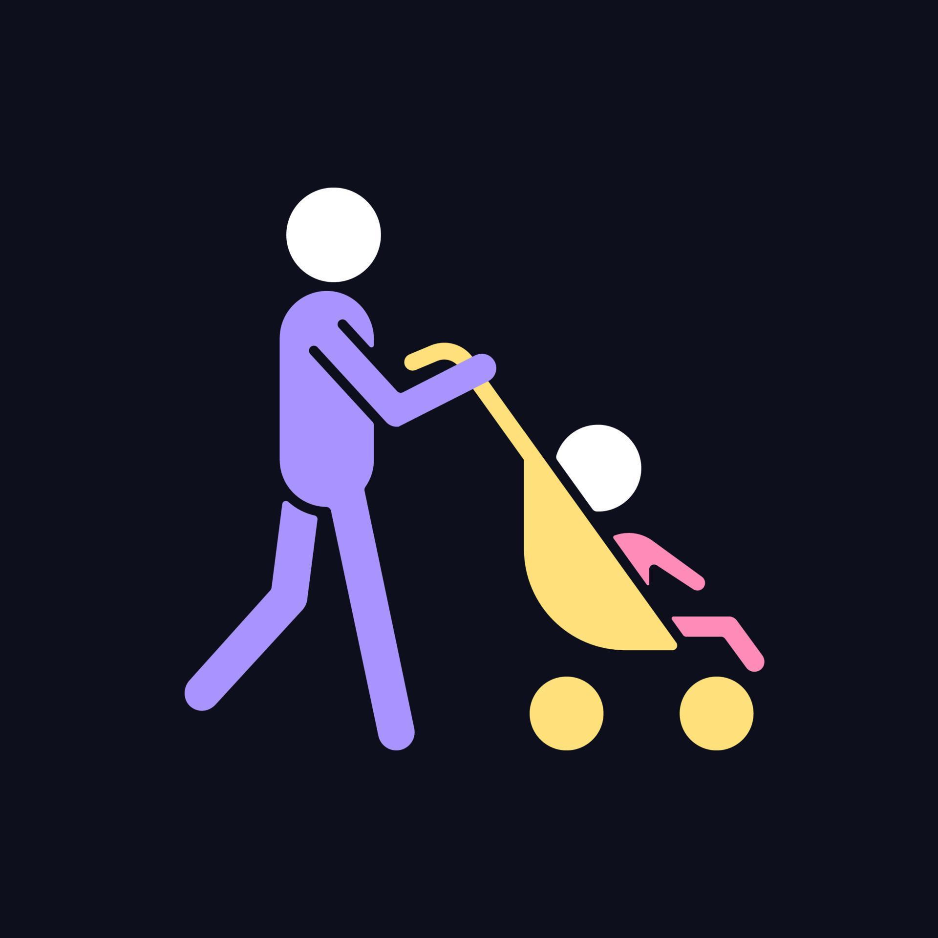 Walking with stroller RGB color icon for dark theme. Bonding time with ...