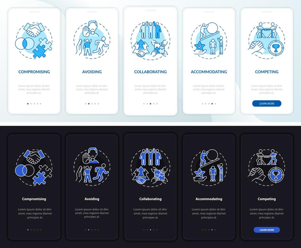 Conflict resolution onboarding mobile app page screen. Work relations walkthrough 5 steps ...