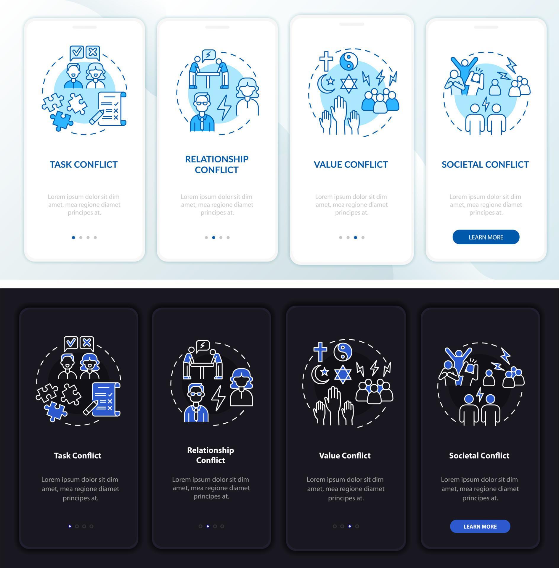 Conflicts Onboarding Mobile App Page Screen Work Relations Walkthrough 4 Steps Graphic