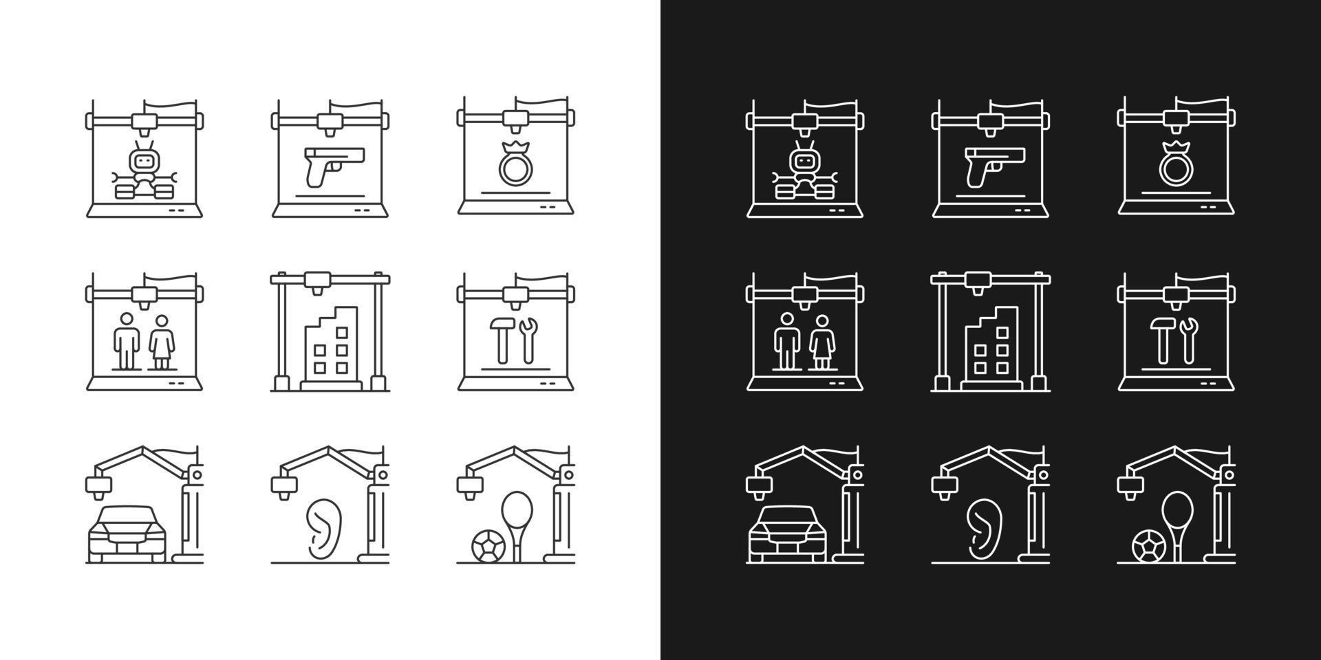 3d printing process linear icons set for dark and light mode. Design representation. Rapid ...