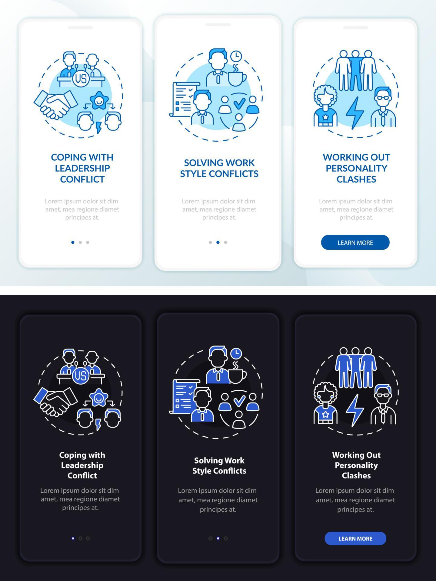 Team conflicts onboarding mobile app page screen. Work relations walkthrough 3 steps graphic ...