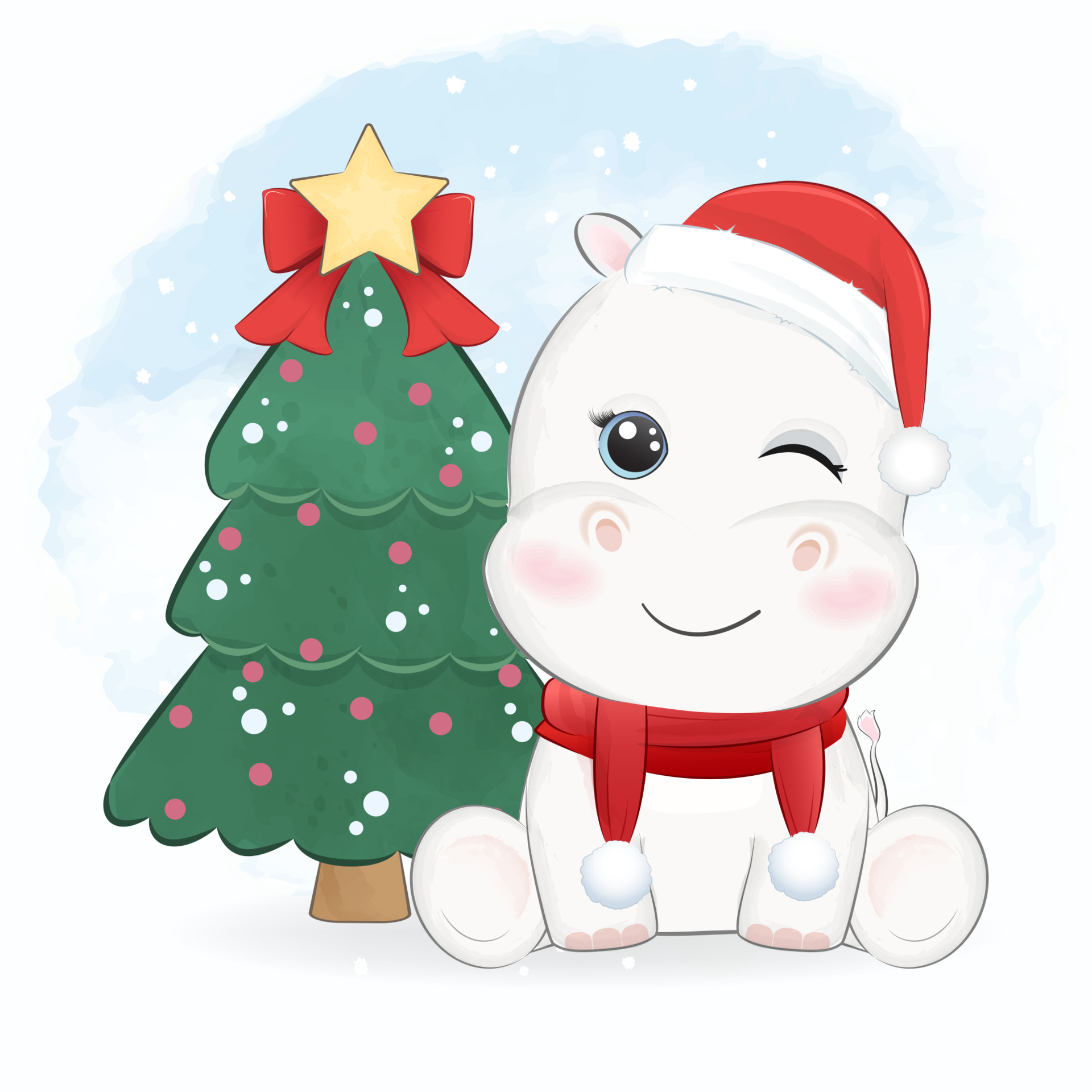 Cute little Hippo and Christmas tree. Christmas season illustration ...