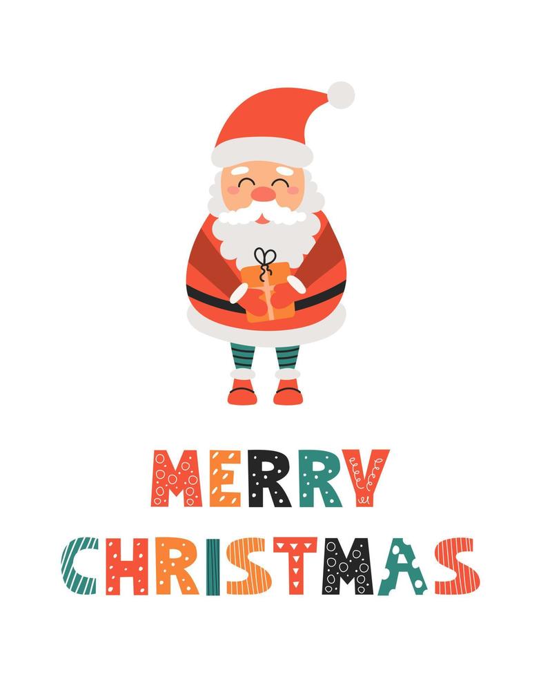 Cute Santa with gift, doodle-style inscription Merry Christmas, holiday ...