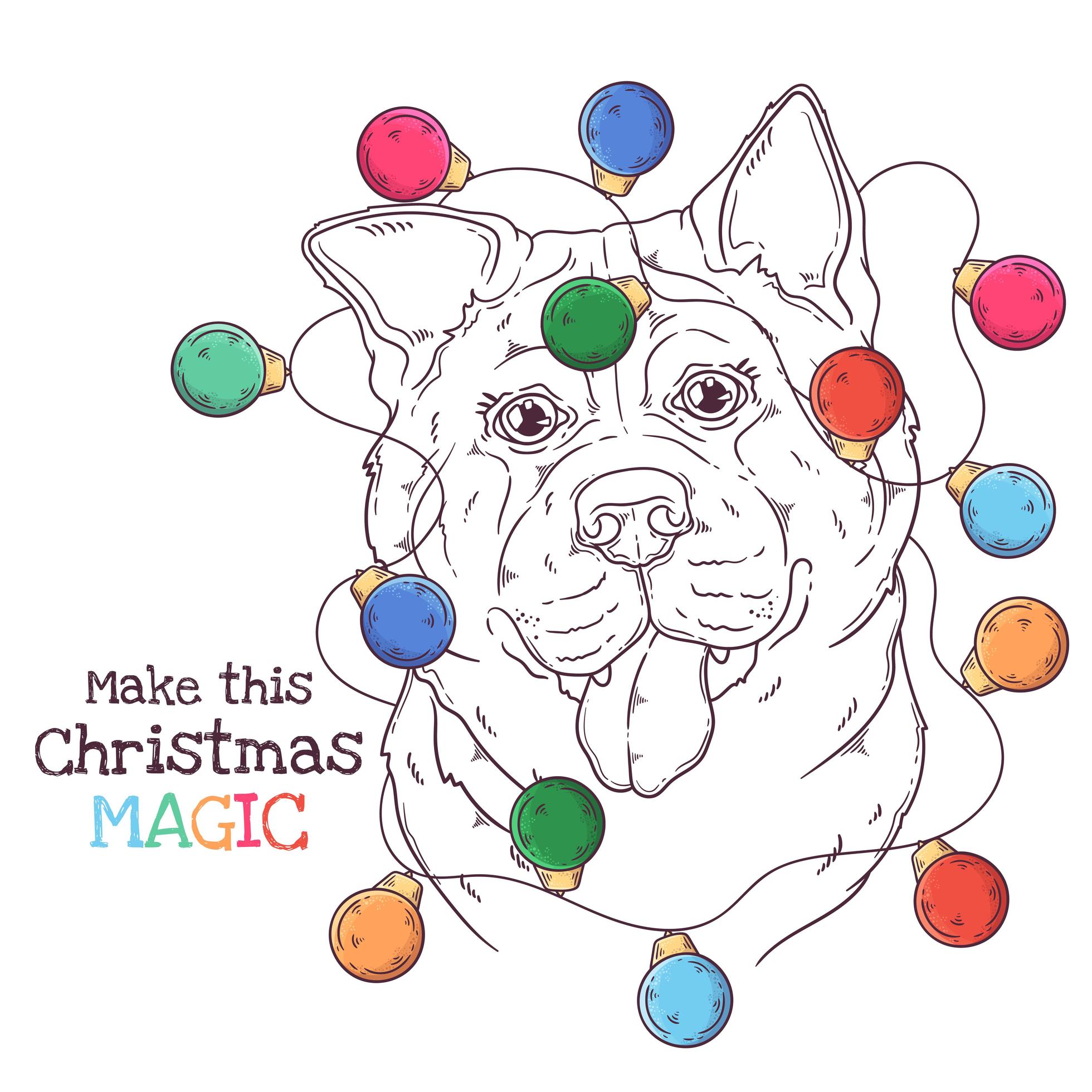 Hand drawn dog portrait with Christmas accessories Vector 3792553 ...