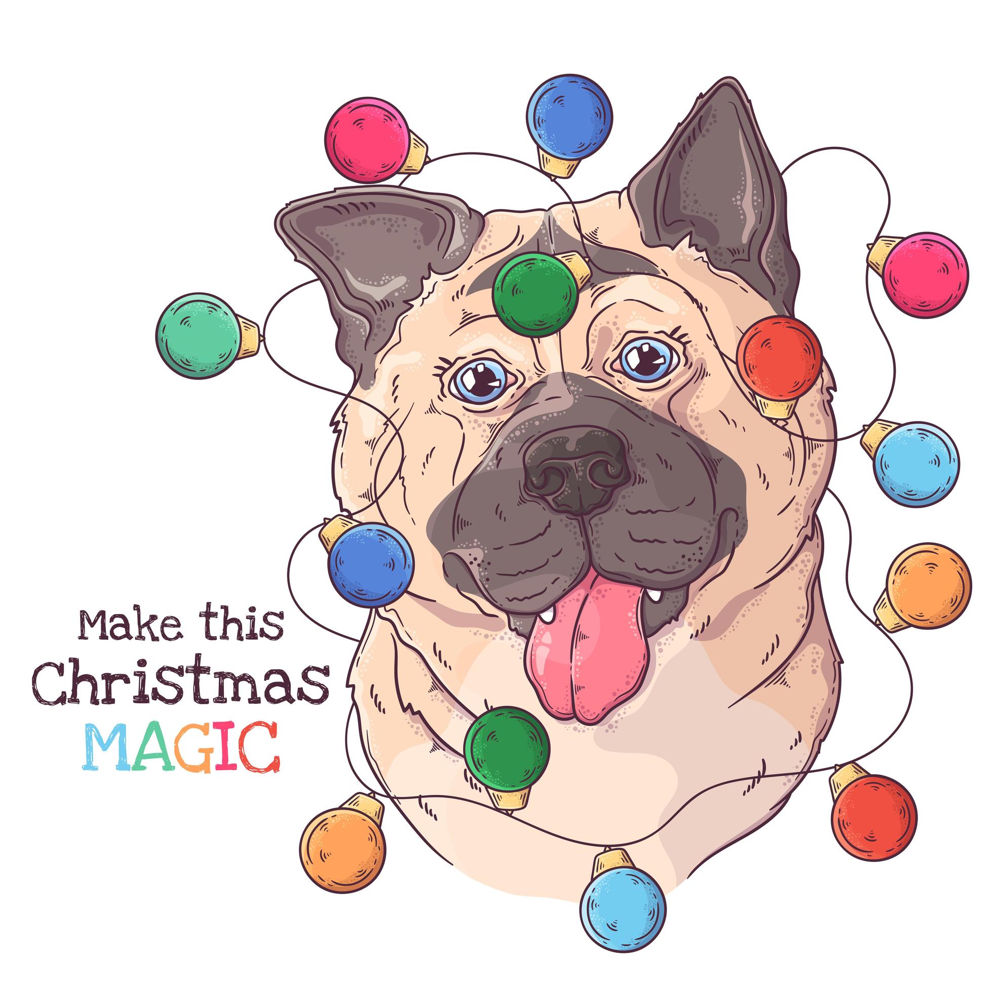 Hand drawn dog portrait with Christmas accessories Vector 3792657 ...