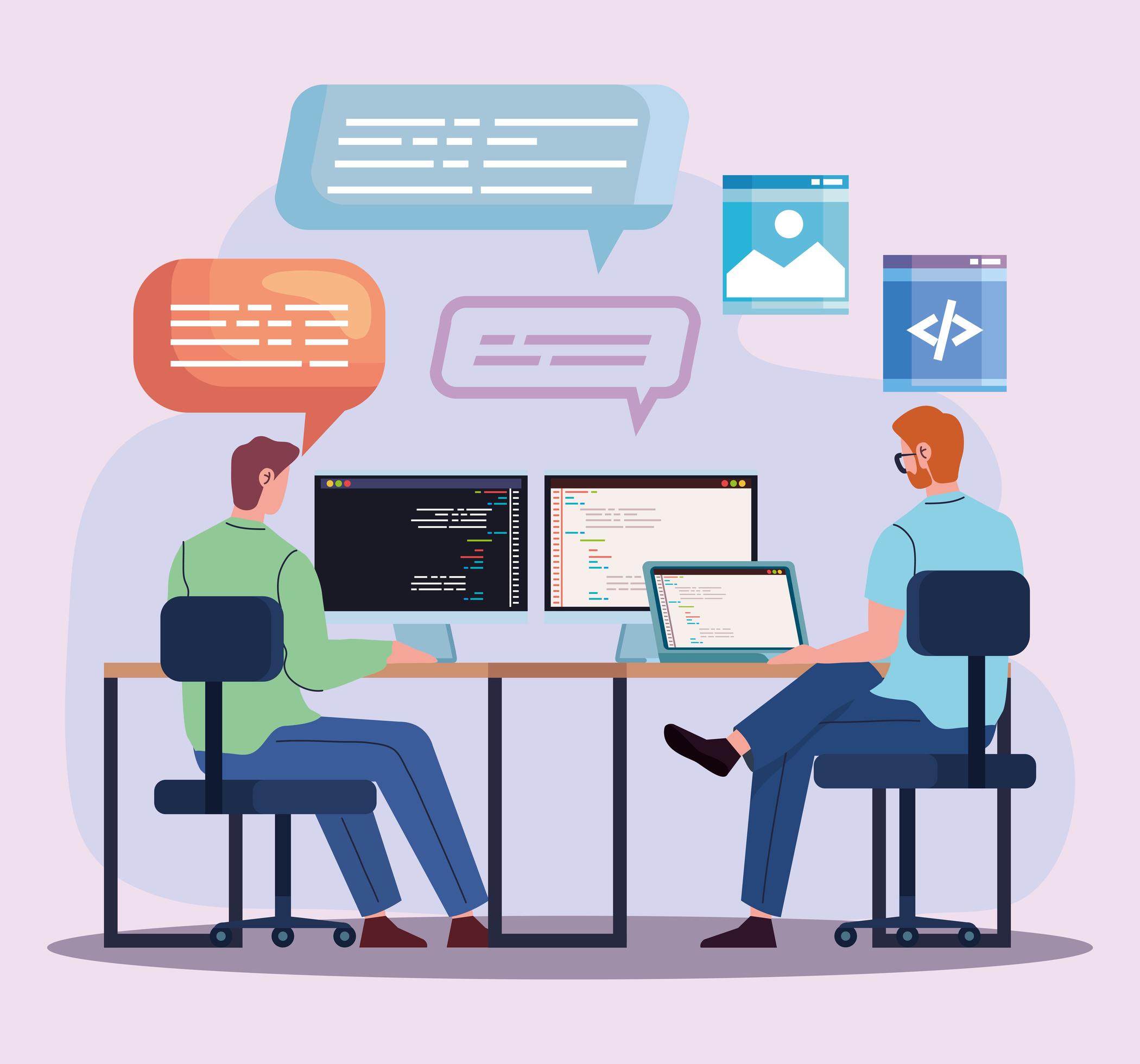 team programmers computers in workplace 3808702 Vector Art at Vecteezy