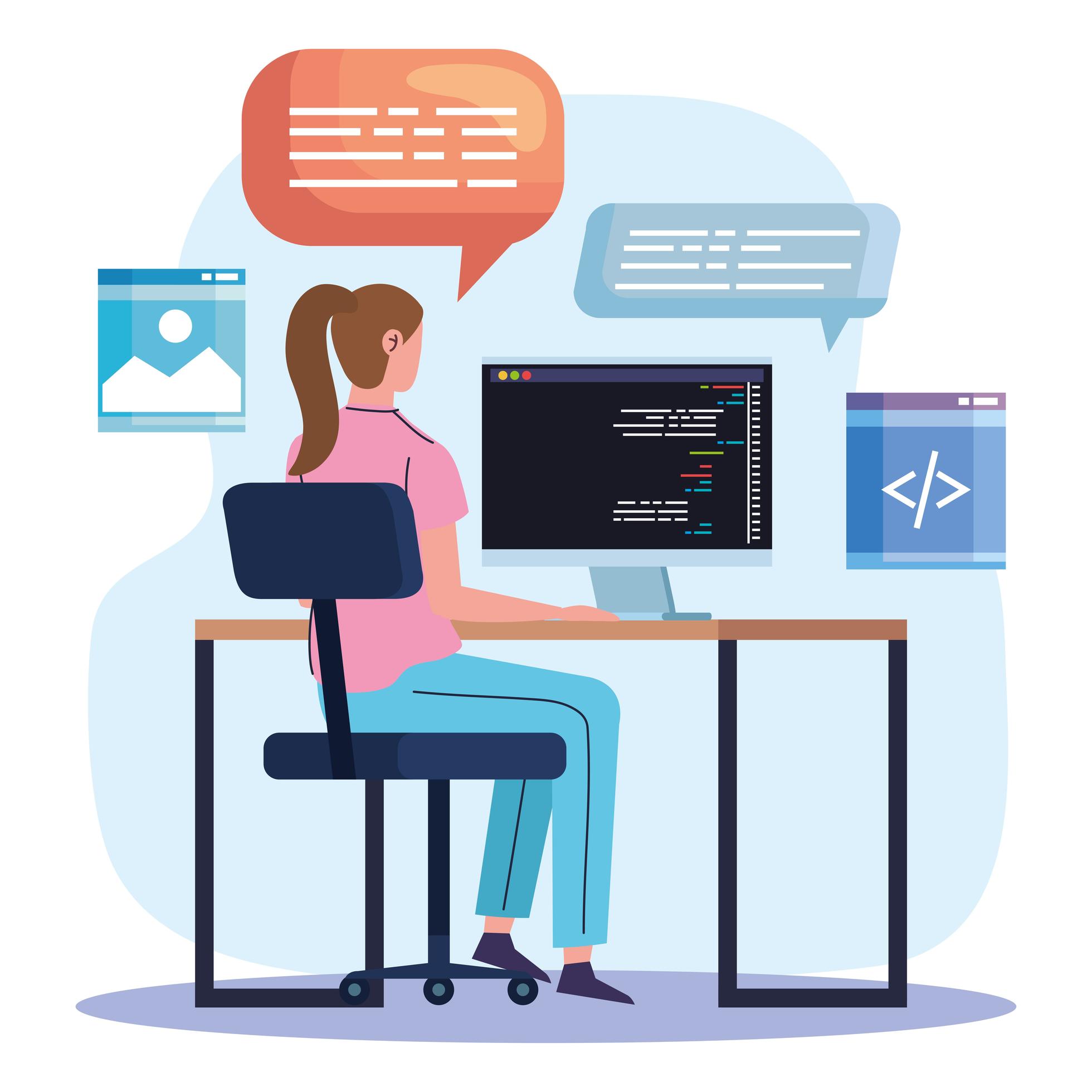 Female Programmer Computer In Worksite 3812555 Vector Art At Vecteezy