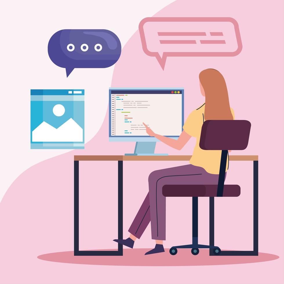 female programmer computer in workplace 3812630 Vector Art at Vecteezy