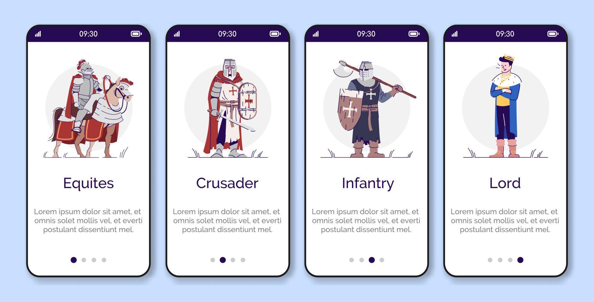 Medieval personages onboarding mobile app page screen vector template ...
