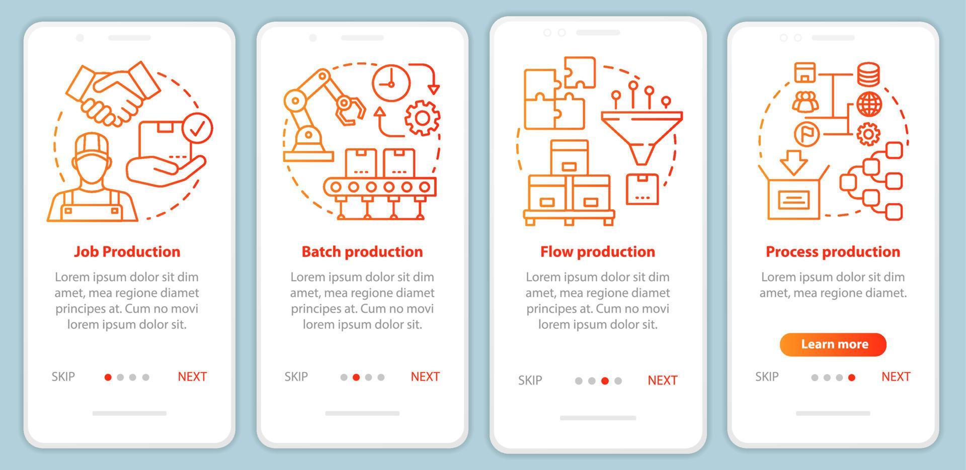 Manufacturing method red onboarding mobile app page screen vector template. Job, batch, flow ...