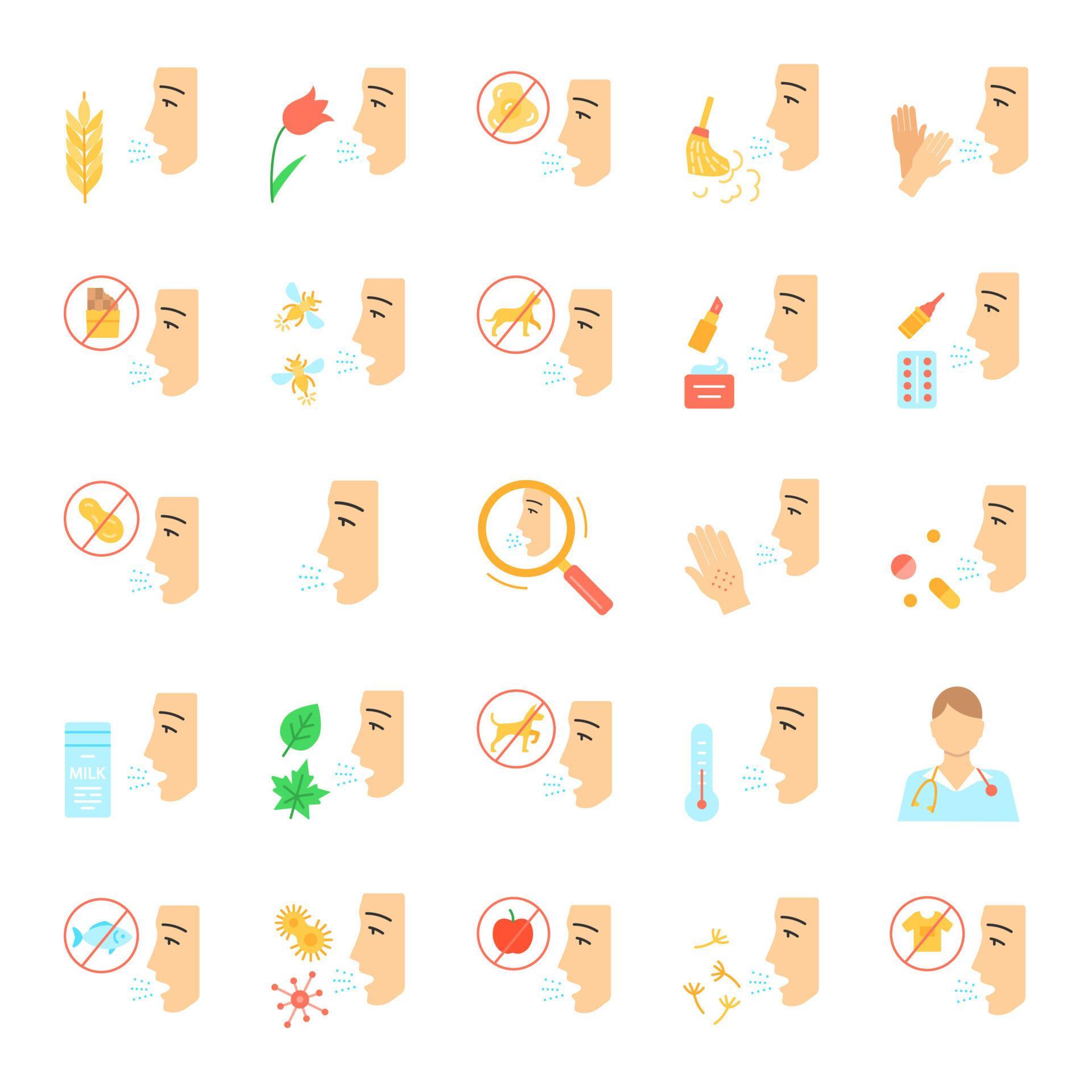 Conjunto De Iconos De Color De Larga Sombra De Diseño Plano De Alergias