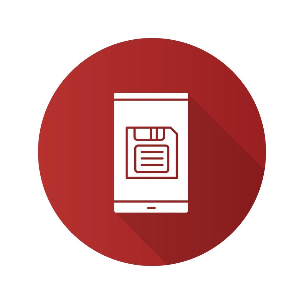 Smartphone screen with save button flat design long shadow glyph icon. Data saving. Vector ...