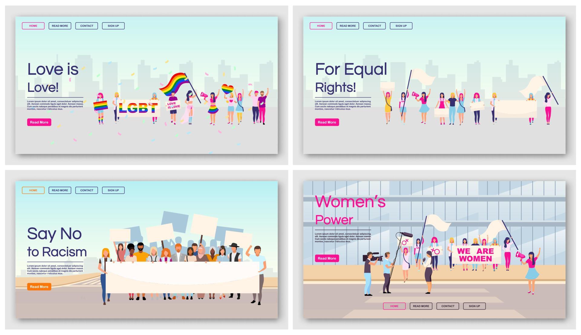 Equal rights protests landing page vector templates set. Social ...