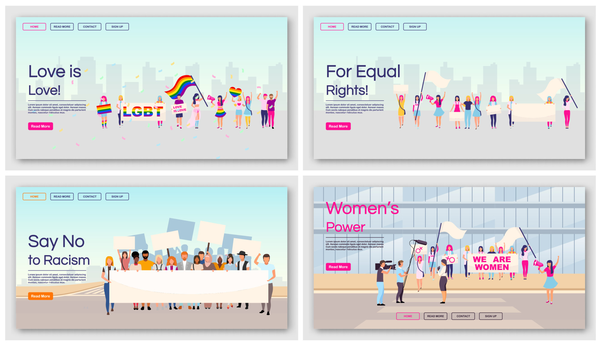 Equal rights protests landing page vector templates set. Social ...