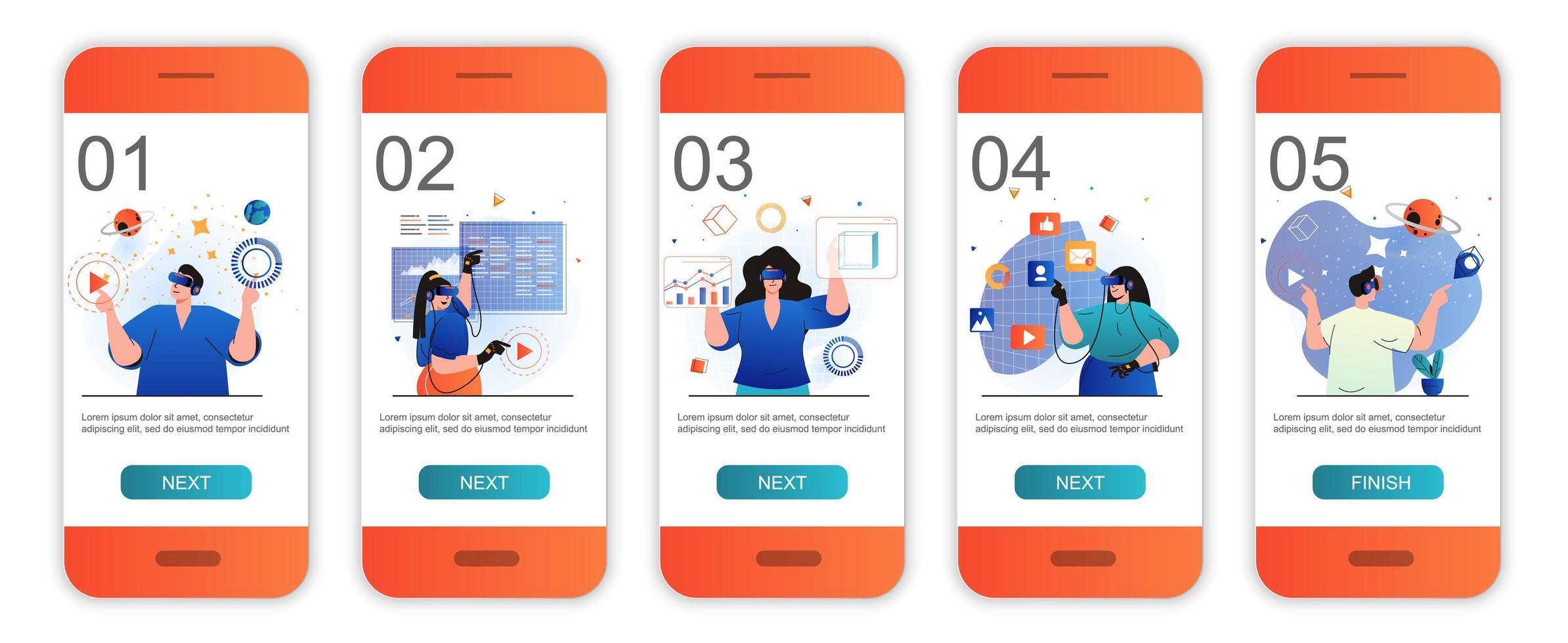 Cyberspace Concept Onboarding Screens For Mobile App Templates Virtual Augmented Reality
