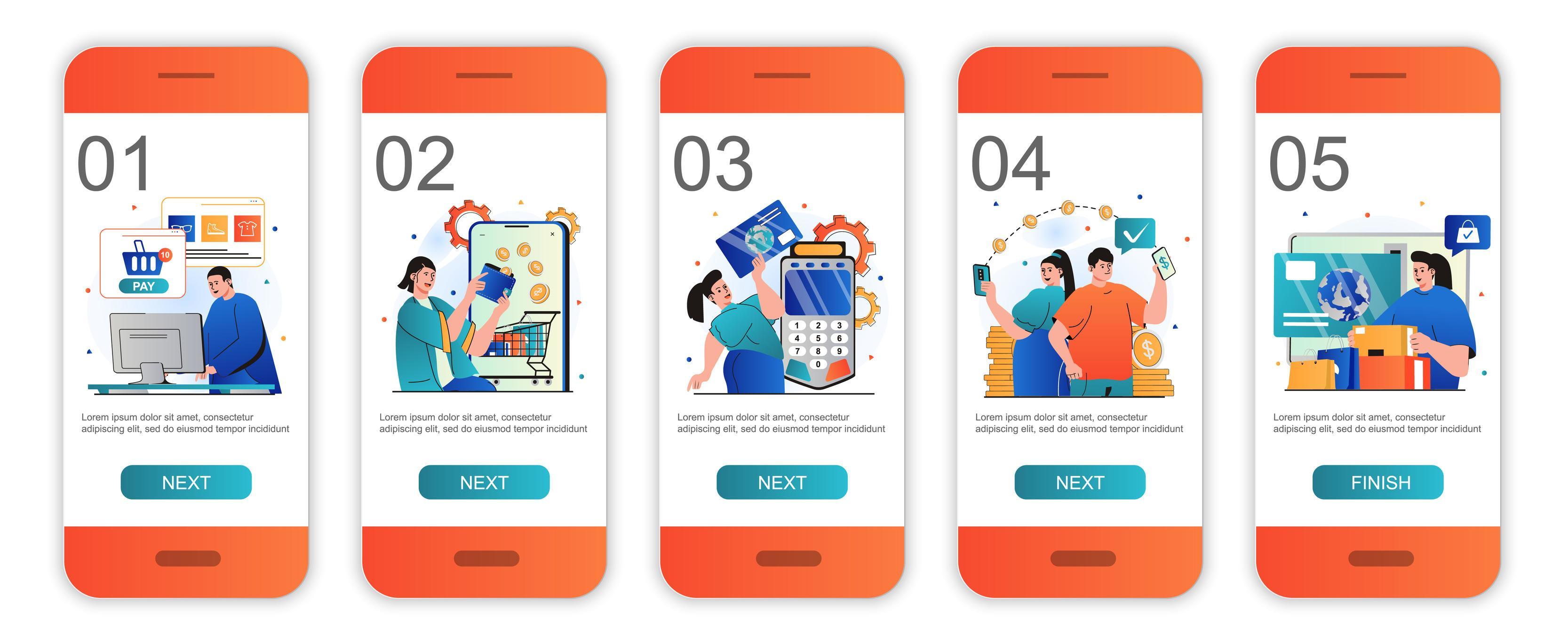 Online Payment Concept Onboarding Screens For Mobile App Templates Customers Make Transactions