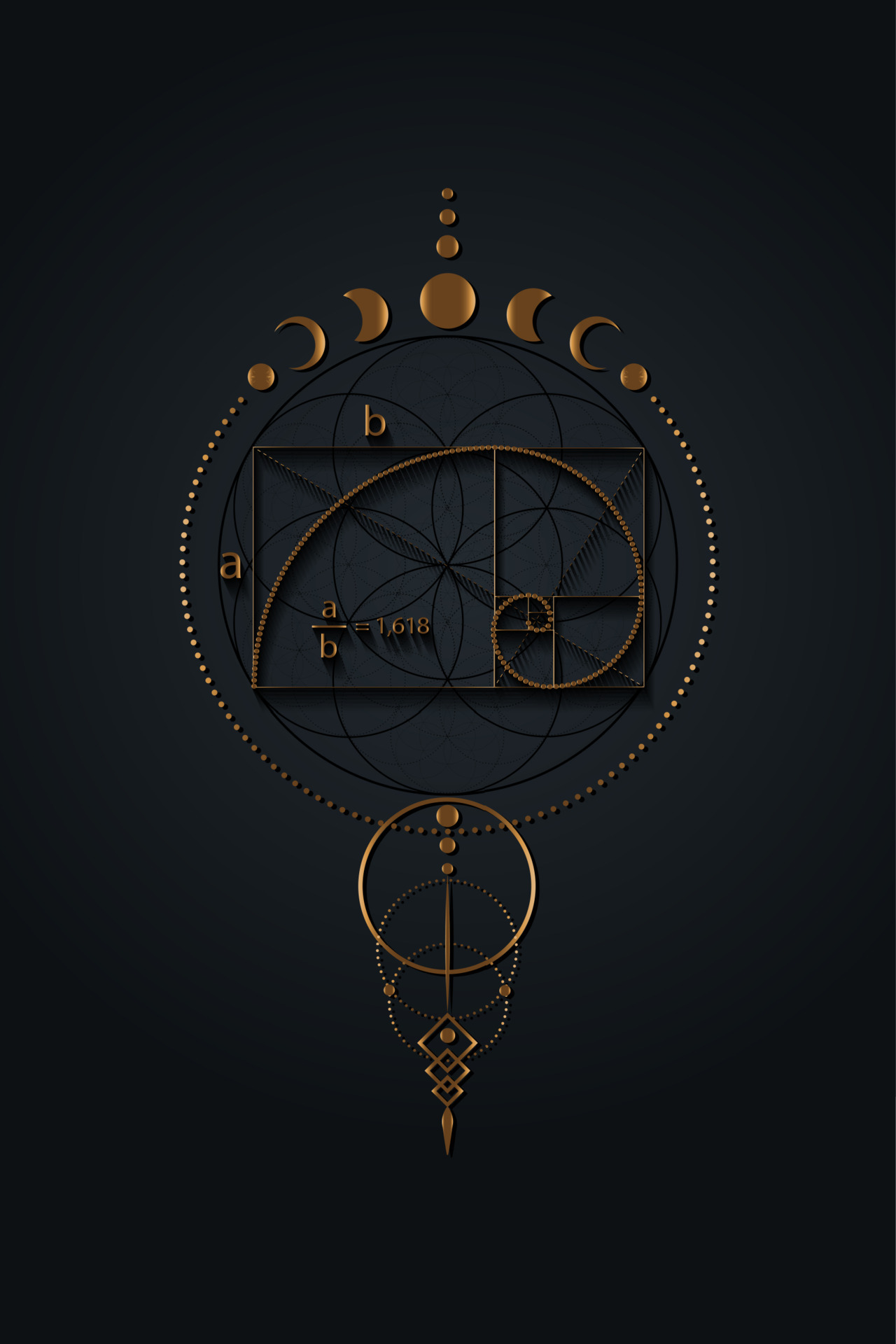 Golden ratio, Fibonacci Sequence number, mystical flower of life and Moon Phases, Sacred ...