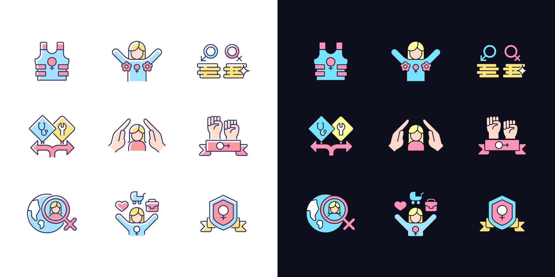 Feminist Activity Light And Dark Theme Rgb Color Icons Set Female