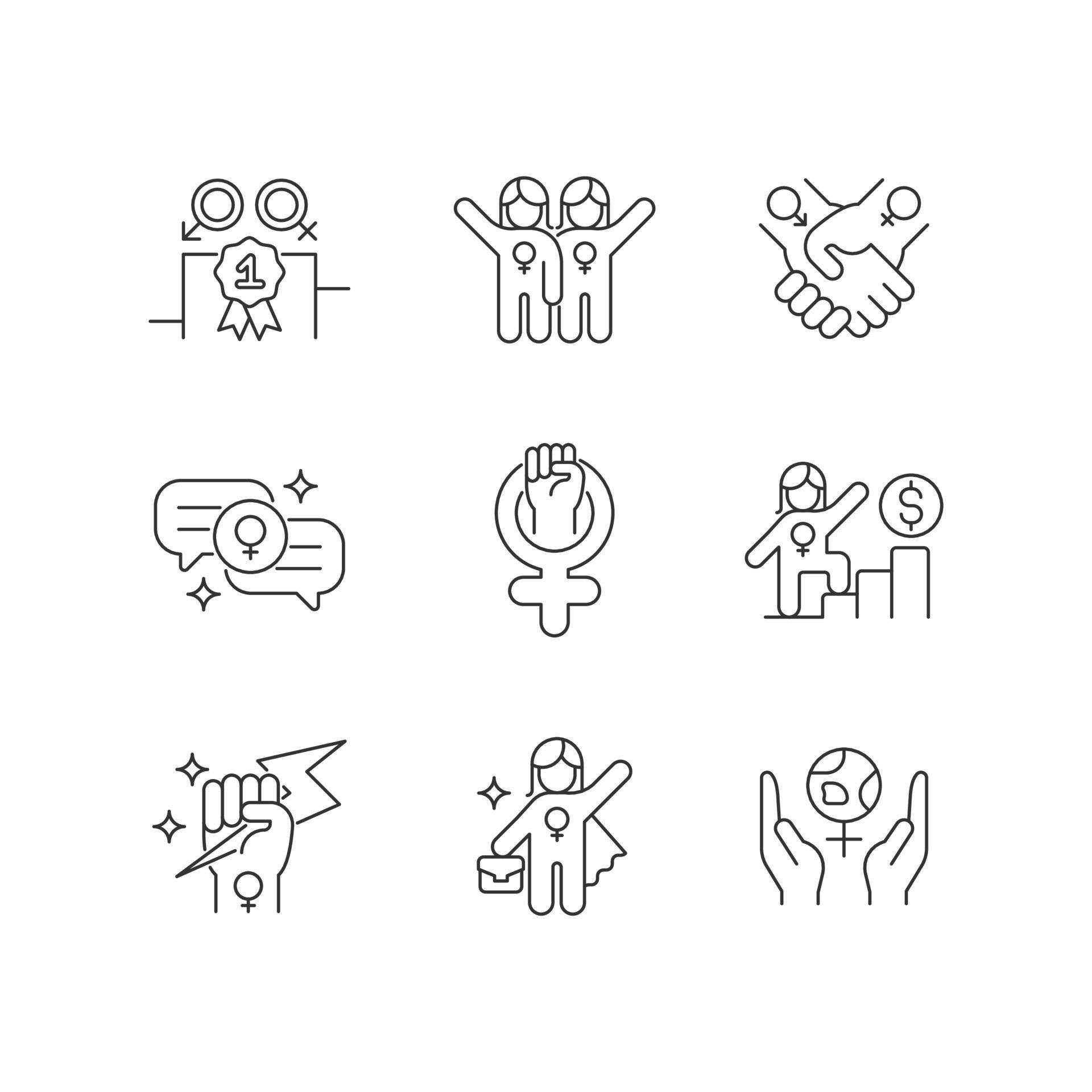 Feminist Movement Linear Icons Set Gender Parity Female Friendship