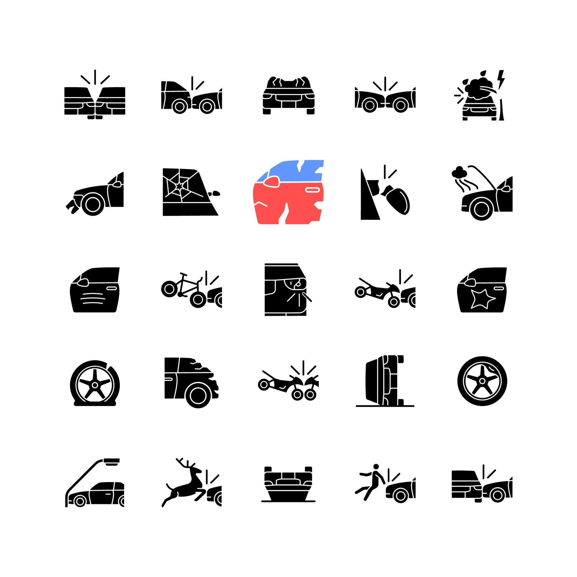 Car accident types black glyph icons set on white space. Road traffic ...