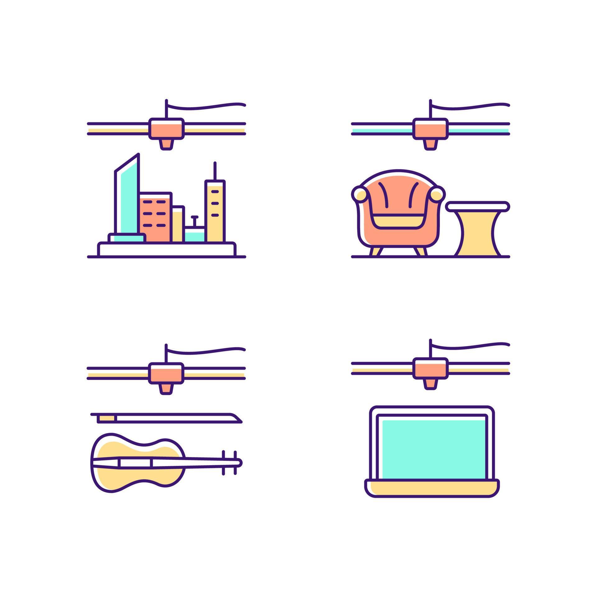 Three Dimensional Objects Production Rgb Color Icons Set 3d City Model Furniture Industry