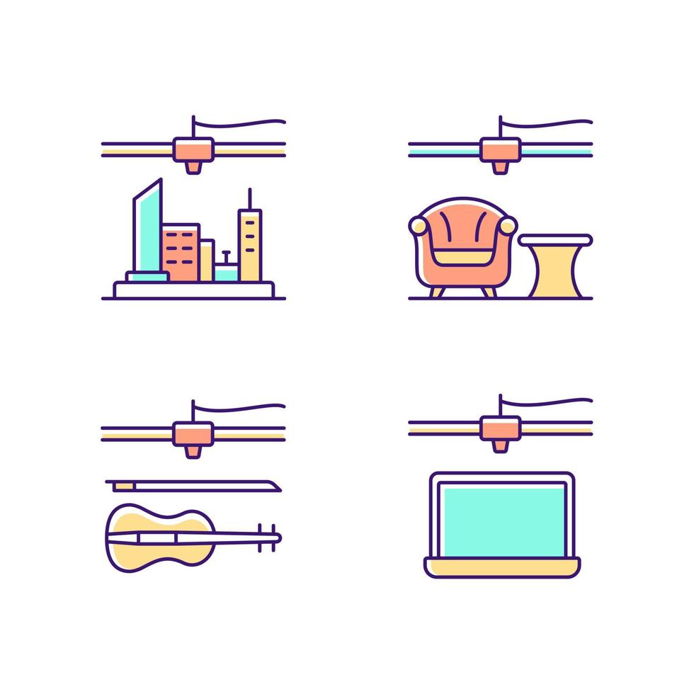 Three Dimensional Objects Production Rgb Color Icons Set 3d City Model