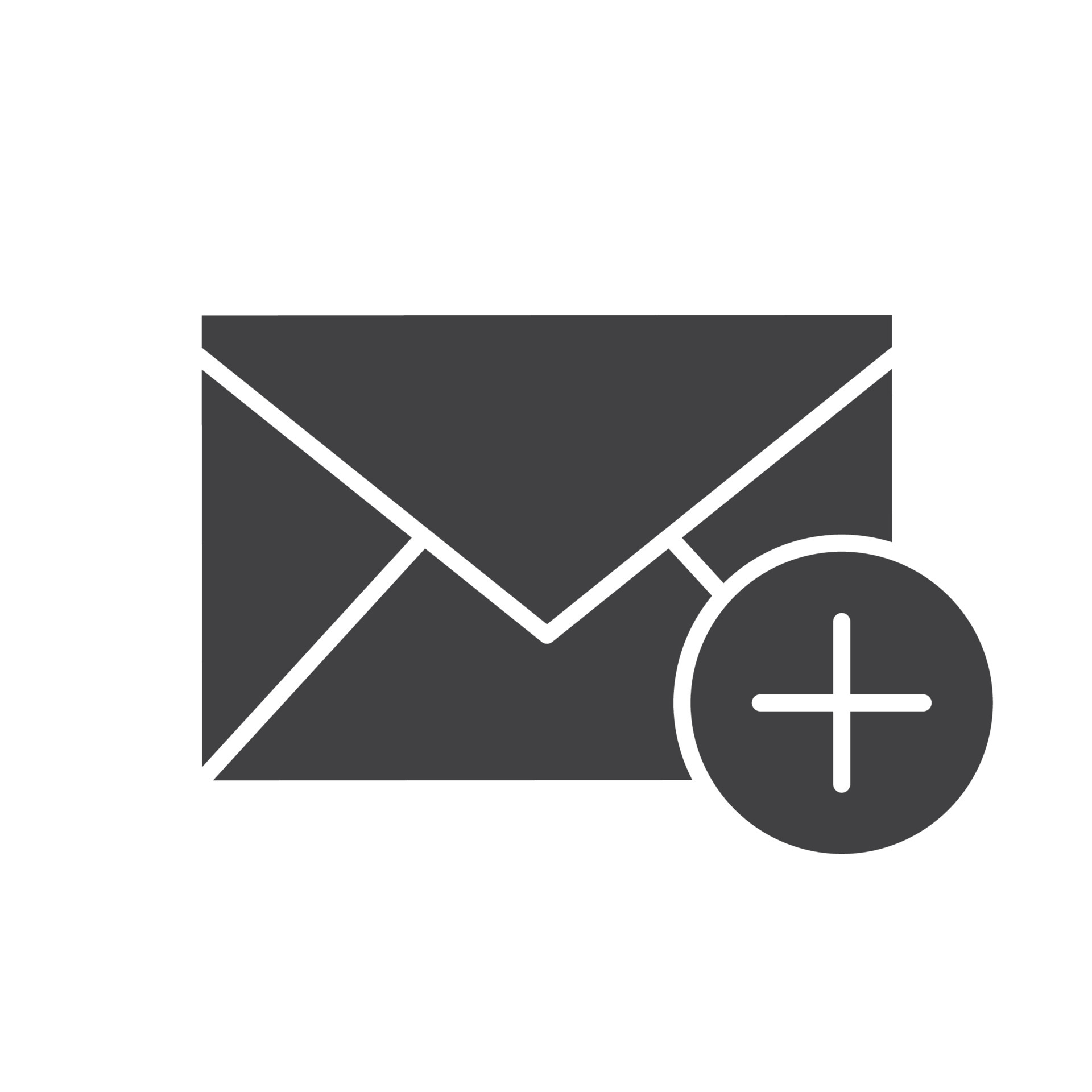 Add email glyph icon. Silhouette symbol. Email letter with plus ... Add email glyph icon. Silhouette symbol. Email letter with plus ...