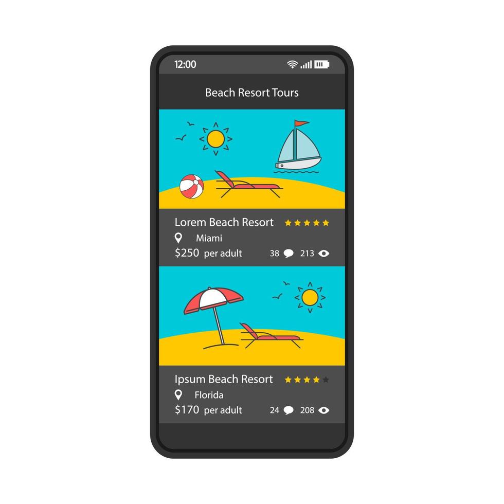 Beach Resort Tour App Smartphone Interface Vector Template Mobile Page Black Design Layout