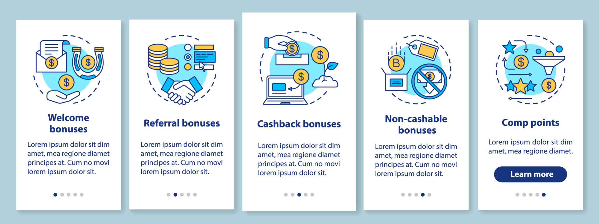 Casino bonuses onboarding mobile app page screen with linear concepts ...