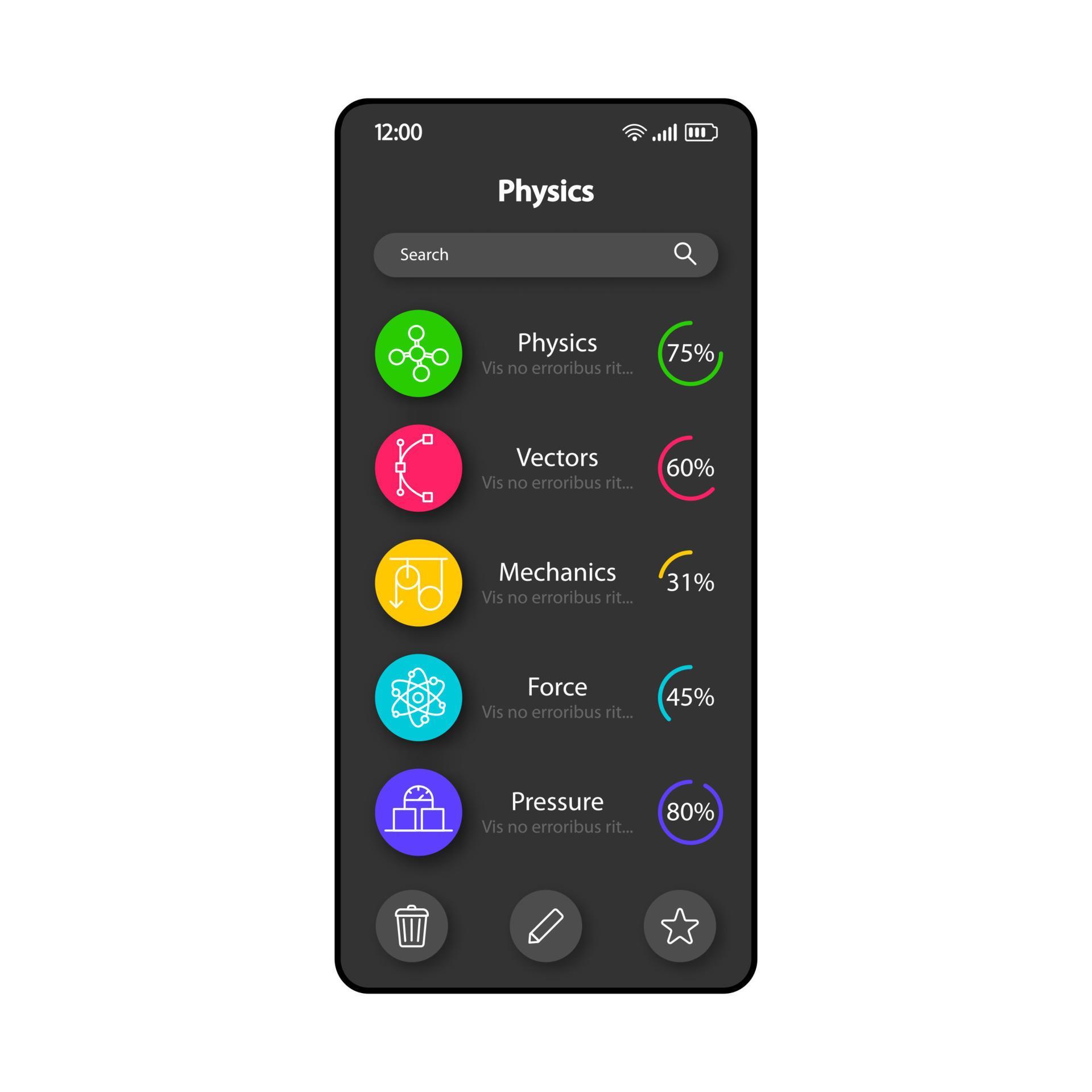 Learning physics smartphone interface vector template. Mobile app page ...