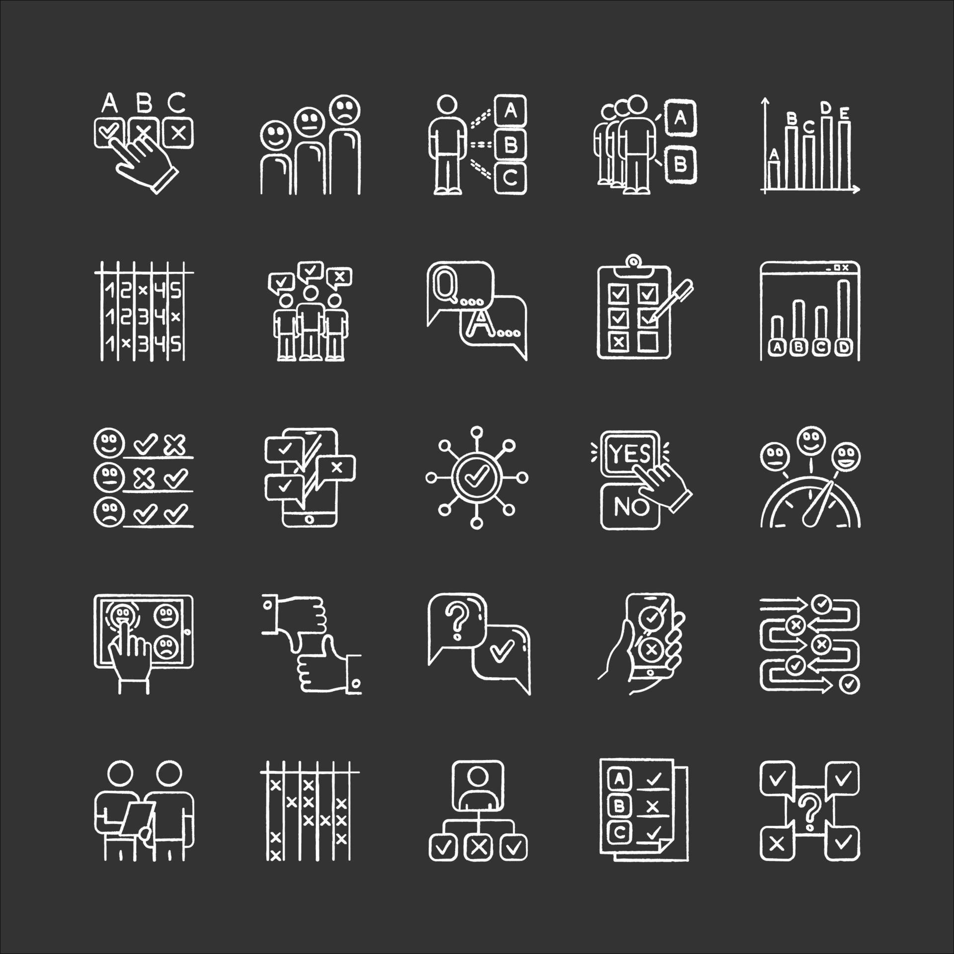 Survey chalk icons set. Question and answer. Social poll. Group survey ... Survey chalk icons set. Question and answer. Social poll. Group survey ...