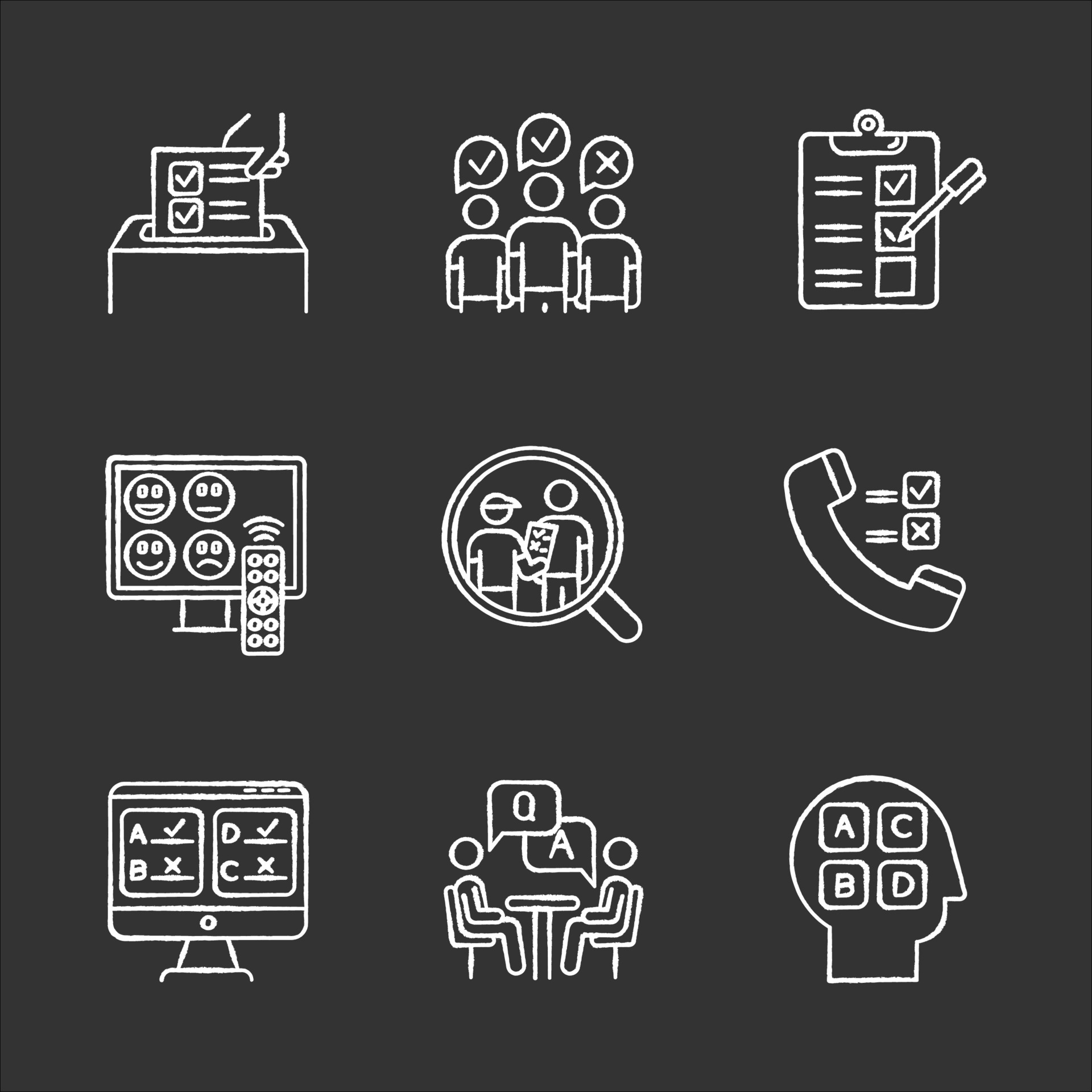 Survey methods chalk icons set. Telephone, online poll. Rating ... Survey methods chalk icons set. Telephone, online poll. Rating ...