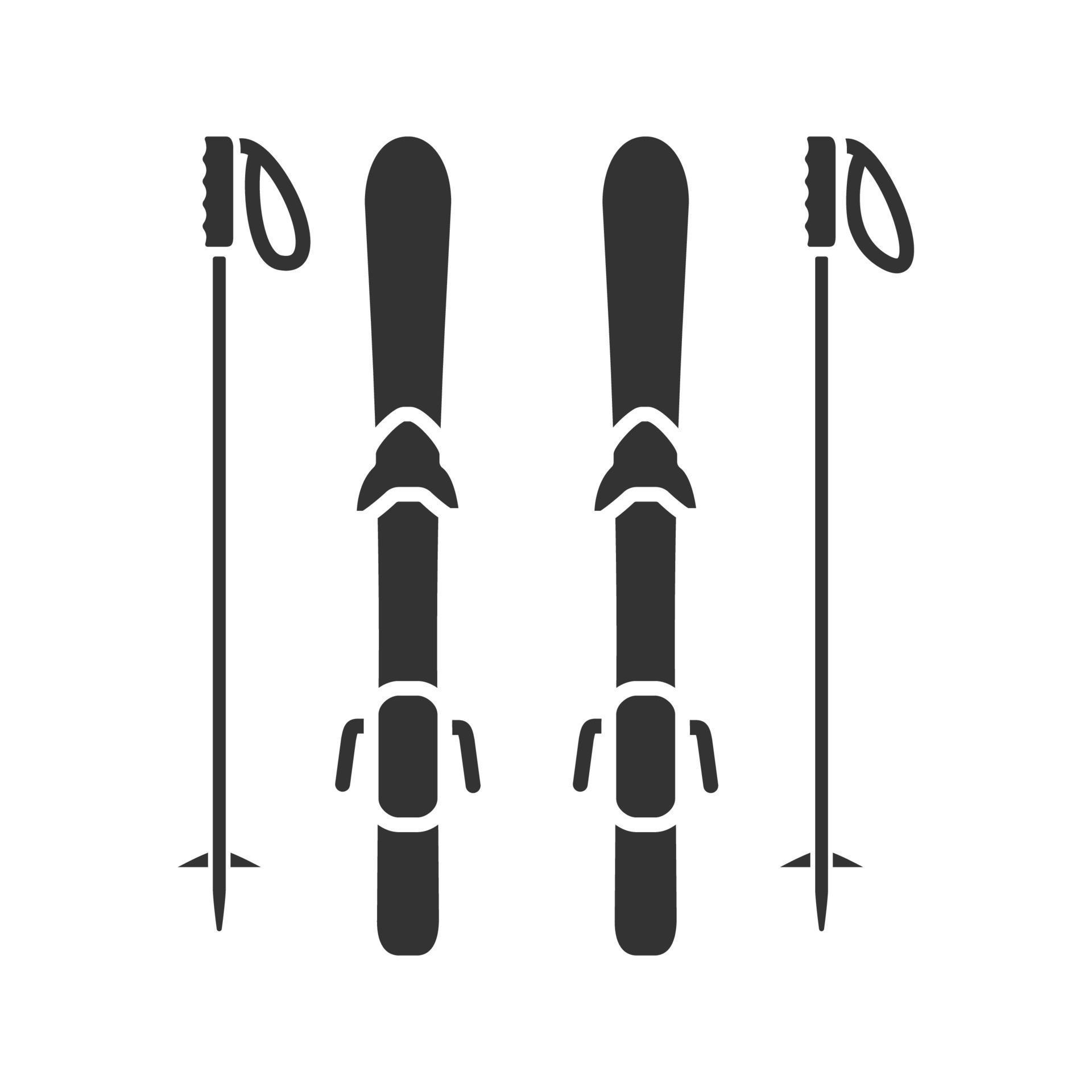 Skiing equipment glyph icon. Ski boards and poles. Silhouette symbol ...