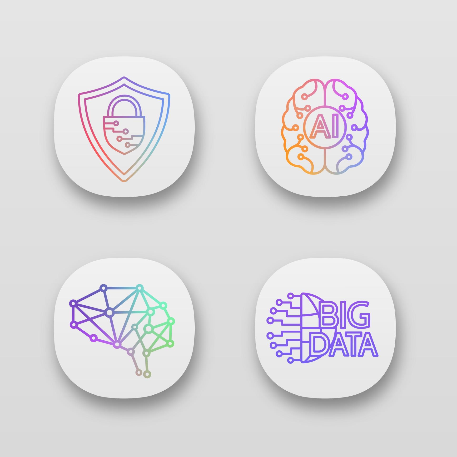 Artificial intelligence app icons set. UI UX user interface. AI, neural network, cybersecurity ...