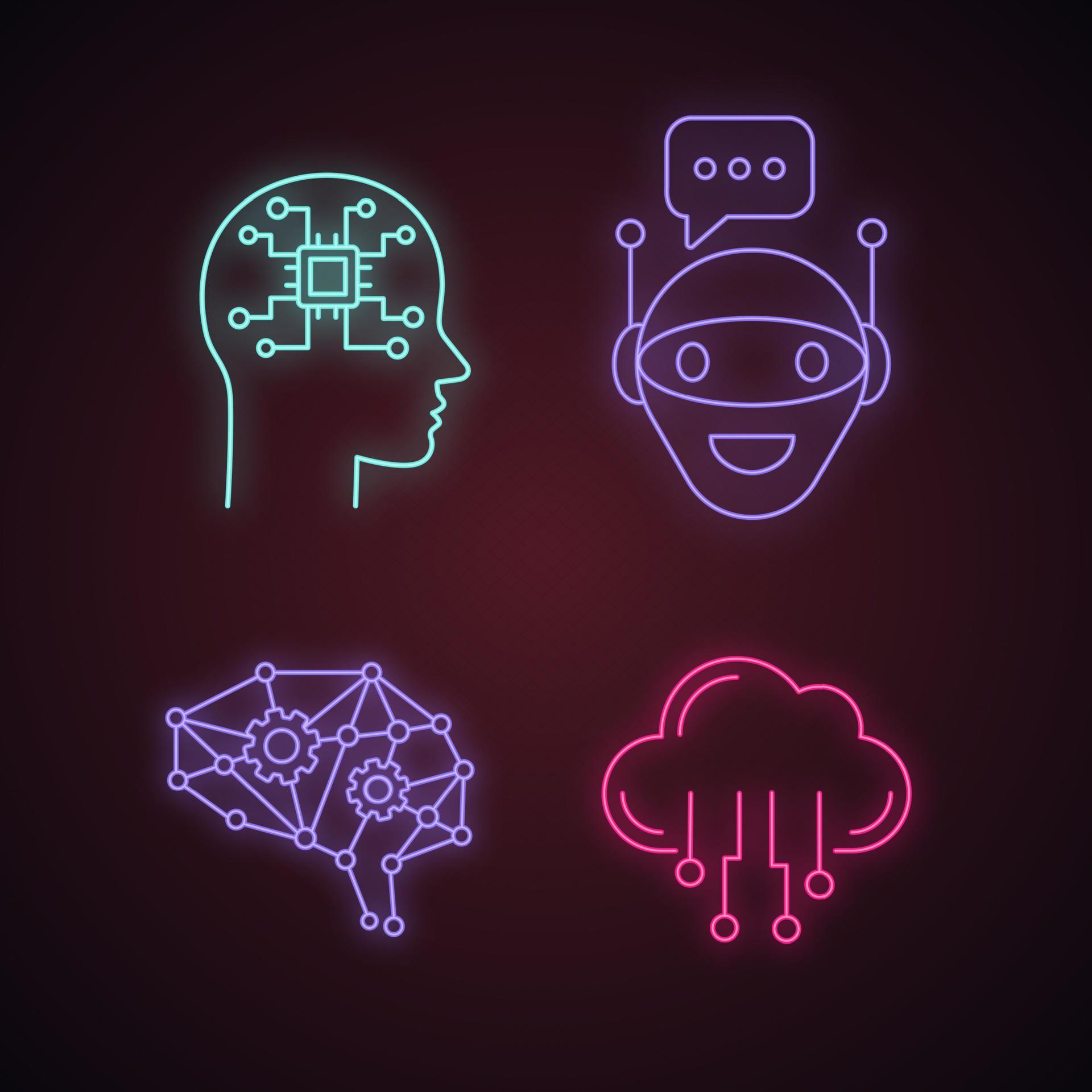 Artificial intelligence neon light icons set. Neural network Neurotechnology. Chat bot, ai ...