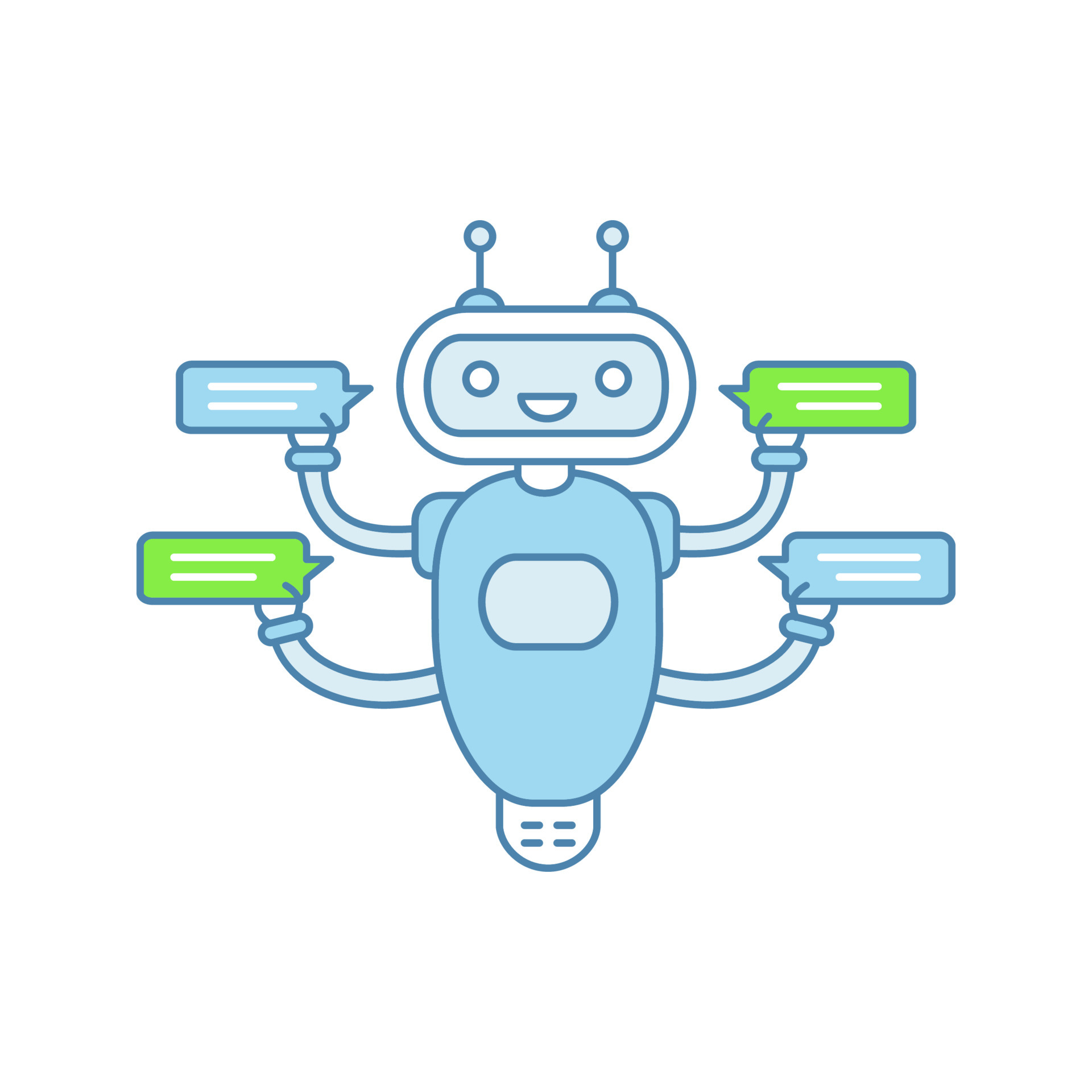 Chatbot With Four Speech Bubbles Color Icon Talkbot Chatting To Several Users Customer Support