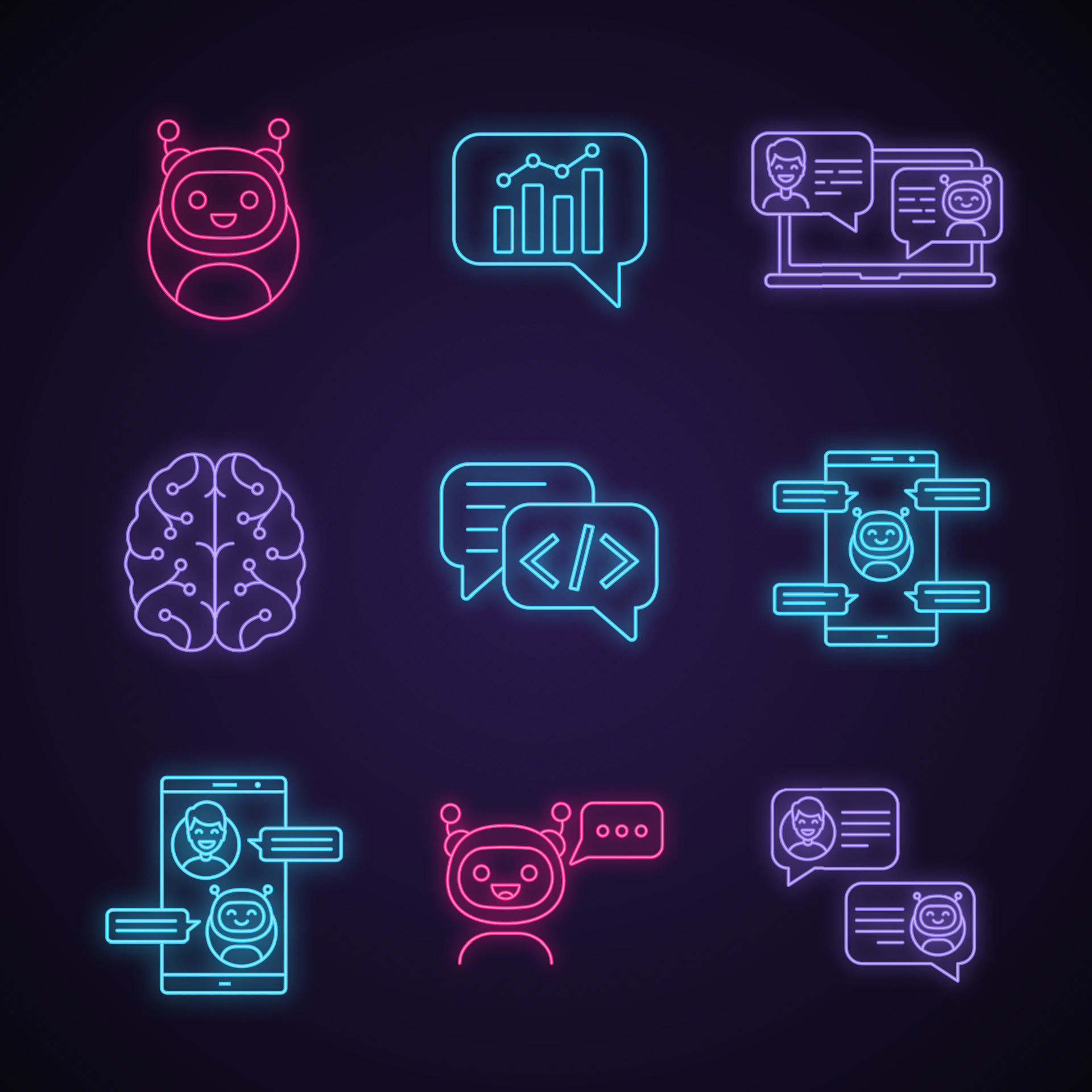 Chatbots Neon Light Icons Set Talkbots Graph Support Code Messenger Chat Bots Modern
