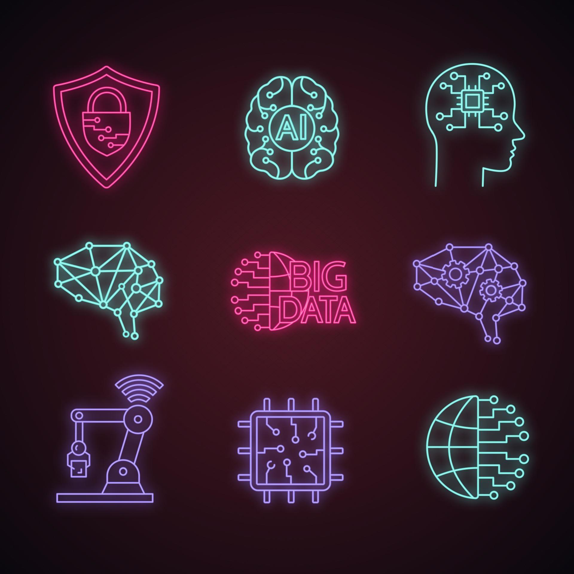 Artificial intelligence neon light icons set. Neurotechnology. Cybersecurity, ai, digital brain ...